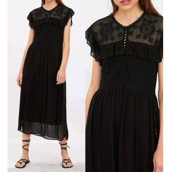 Zara | Dresses | Zara Black Embriodered Ruffle Maxi Dress | Poshmark